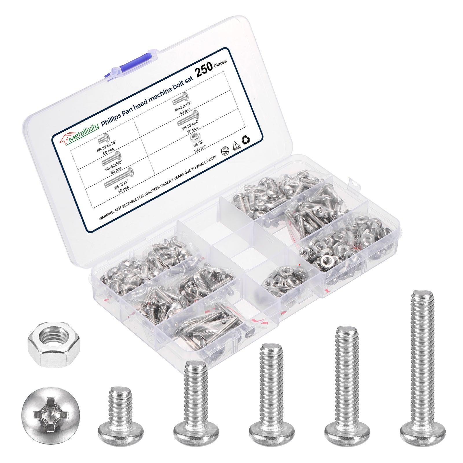 Cross Drive Pan Head Bolts Kit #8-32 250Pcs Stainless Steel with Hex ...