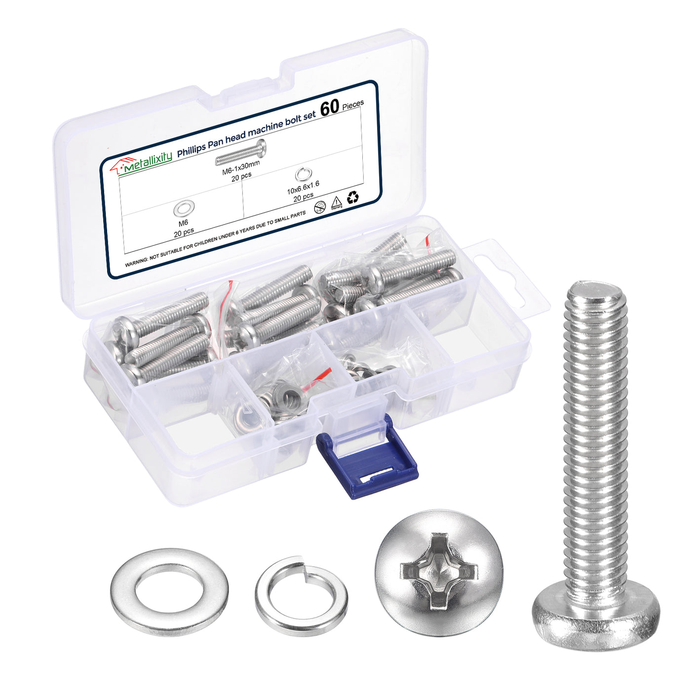 Cross Drive Pan Head Bolts M6-1x30 60Pcs Stainless Steel Washer for ...