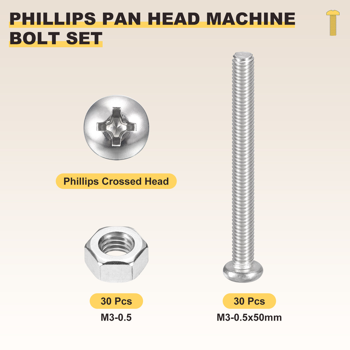 Cross Drive Pan Head Bolts Kit M3-0.5x50 60Pcs Stainless Steel with Hex ...
