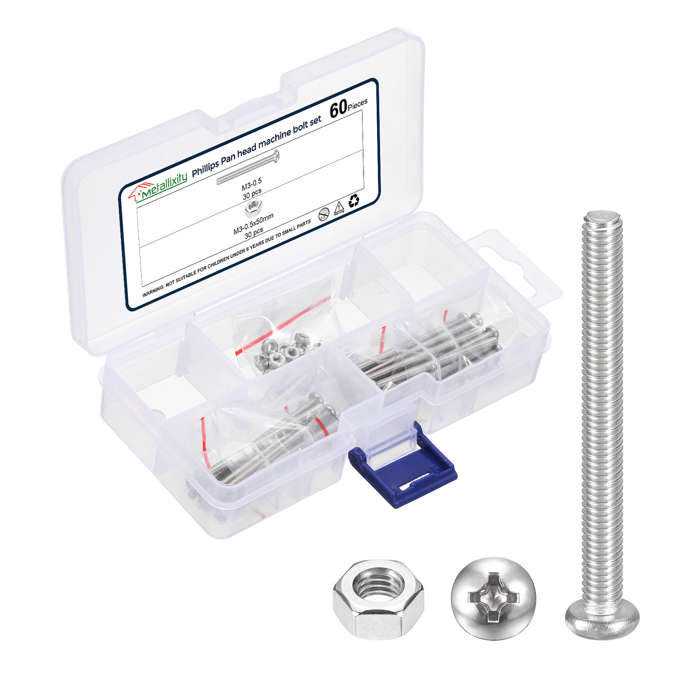 Cross Drive Pan Head Bolts Kit M3-0.5x50 60Pcs Stainless Steel with Hex ...