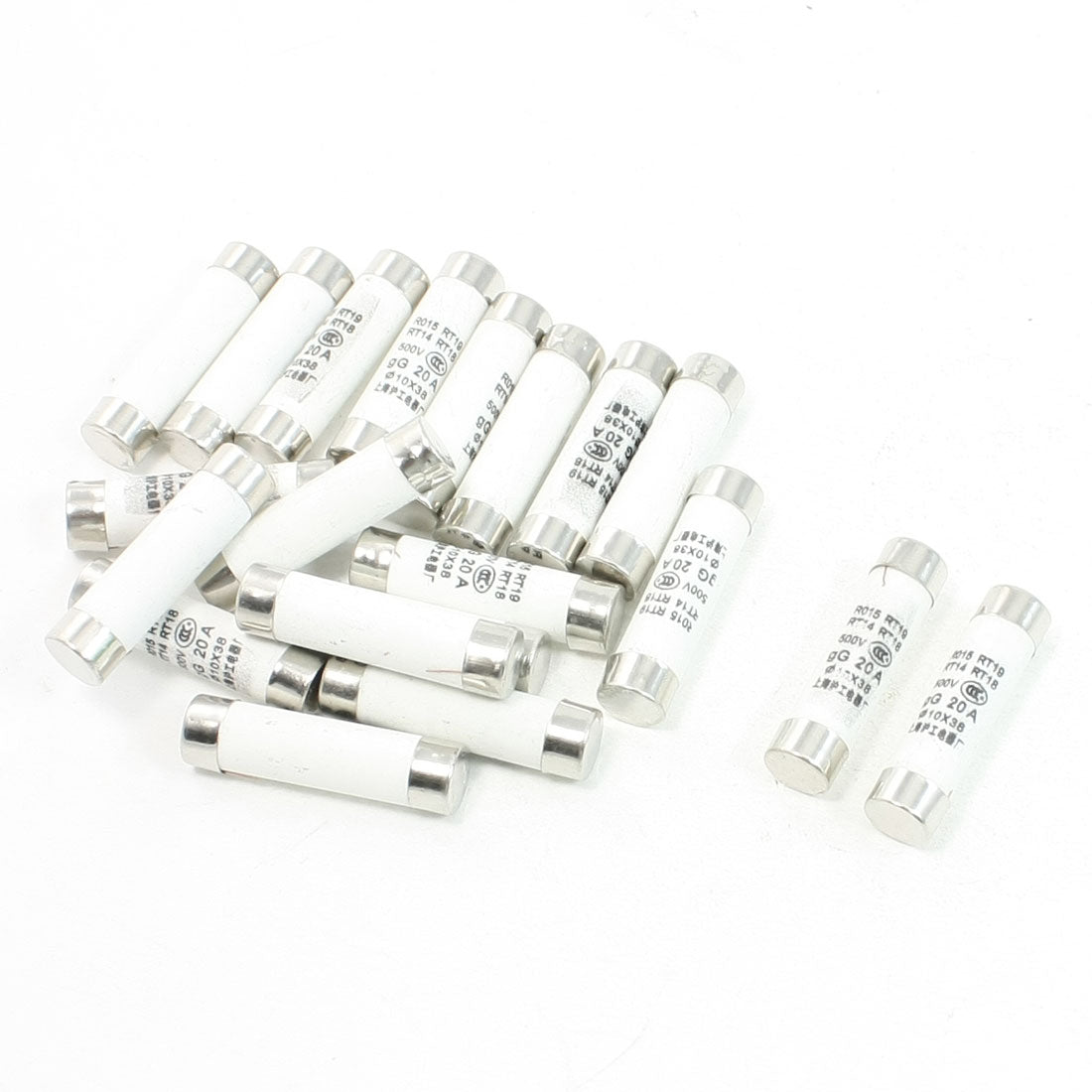 Uxcell 20 Pcs 500V 20A 10x38mm Cylindrical Ceramic Tube Fuses Link RT14 ...