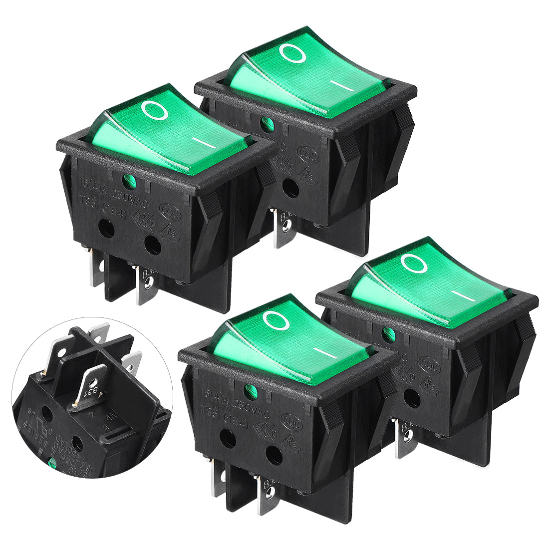 Uxcell Mini 4P DPST Snap in Plastic Car Rocker Switch w Green Lamp 4PCS ...