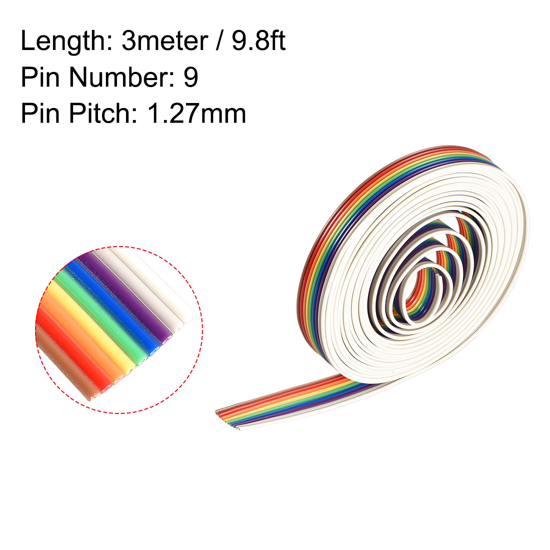 Uxcell IDC Rainbow Wire Flat Ribbon Cable 9P 1.27mm Pitch 3meter/9.8ft ...