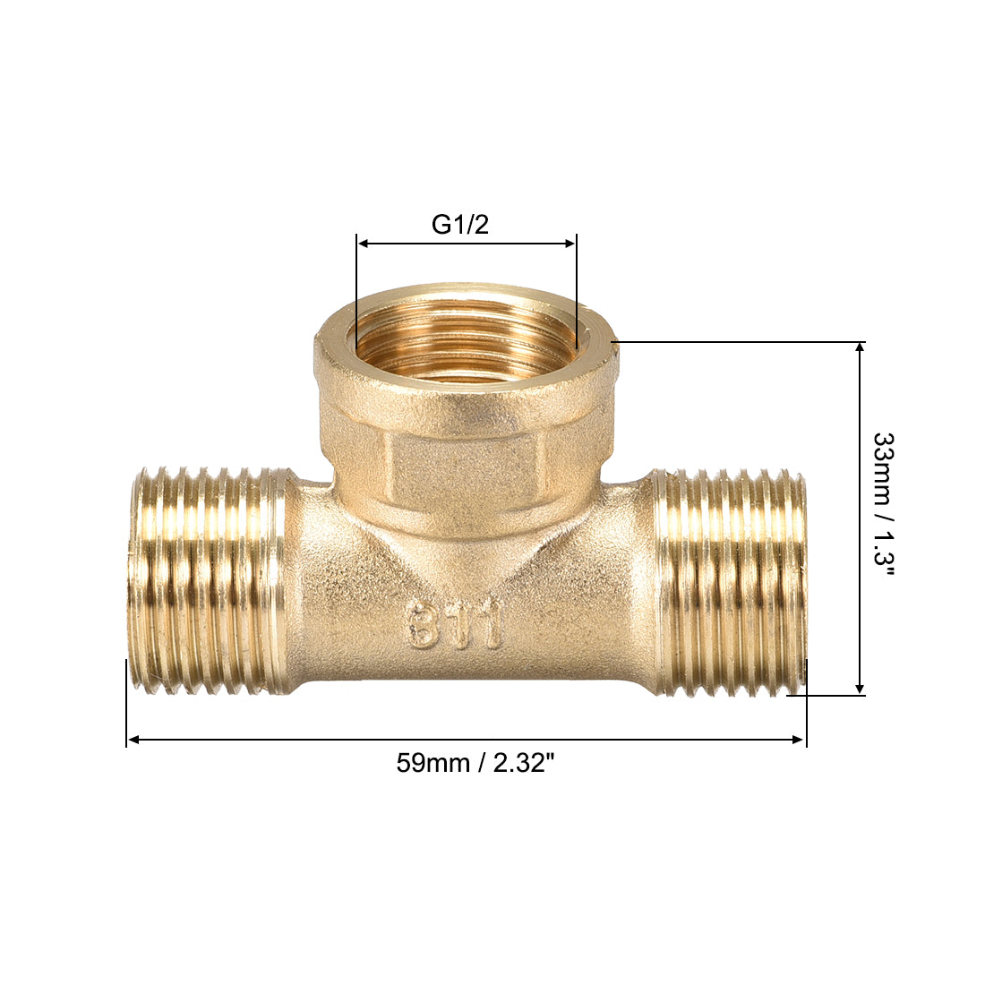 Uxcell Brass Tee Pipe Fitting G1/2 Male x G1/2 Female x G1/2 Male T Shaped Connector Coupler ...