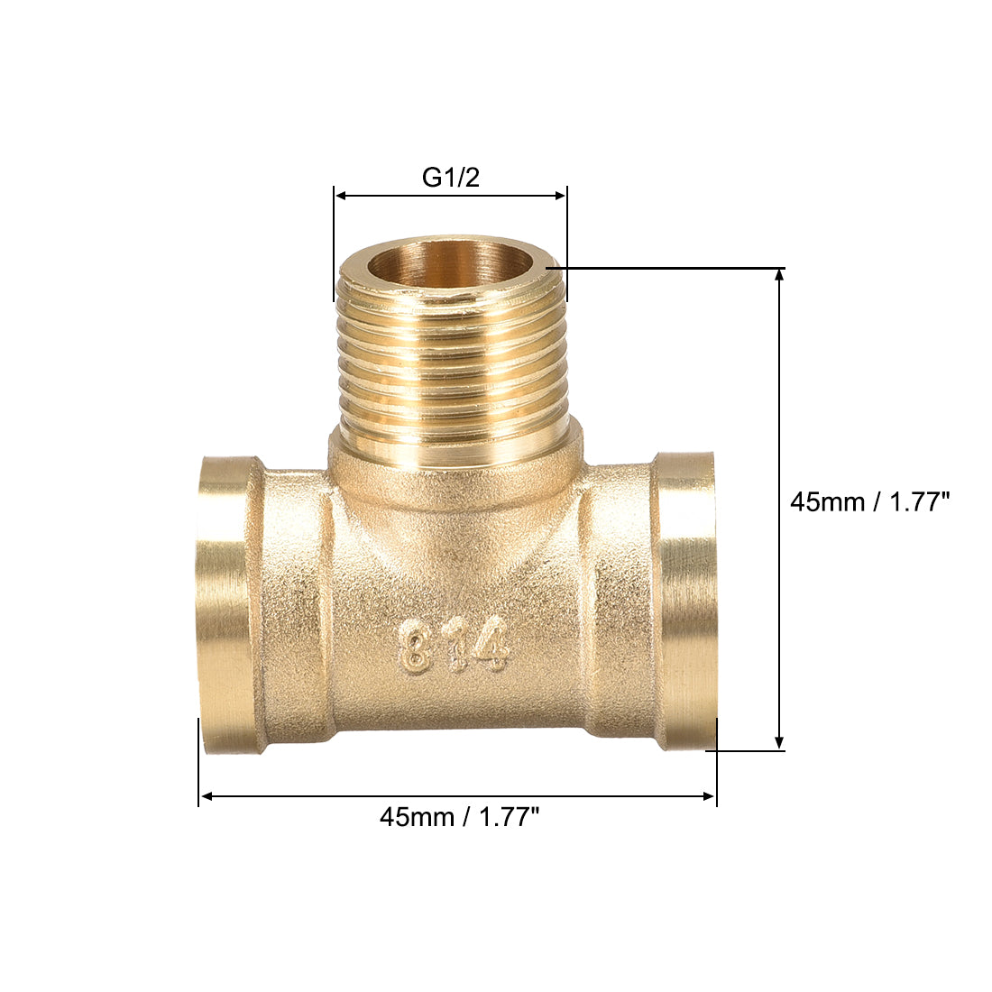 Uxcell Brass Tee Pipe Fitting G1/2 Female x G1/2 Male x G1/2 Female T Shaped Connector Coupler ...