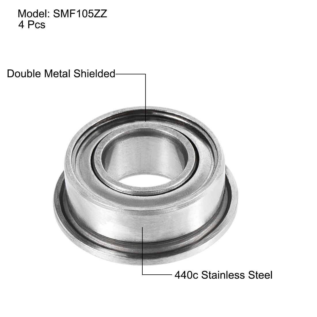 Uxcell SMF105ZZ Flange Ball Bearing 5x10x4mm Double Shielded 440c Stainless Steel Bearings 4pcs ...