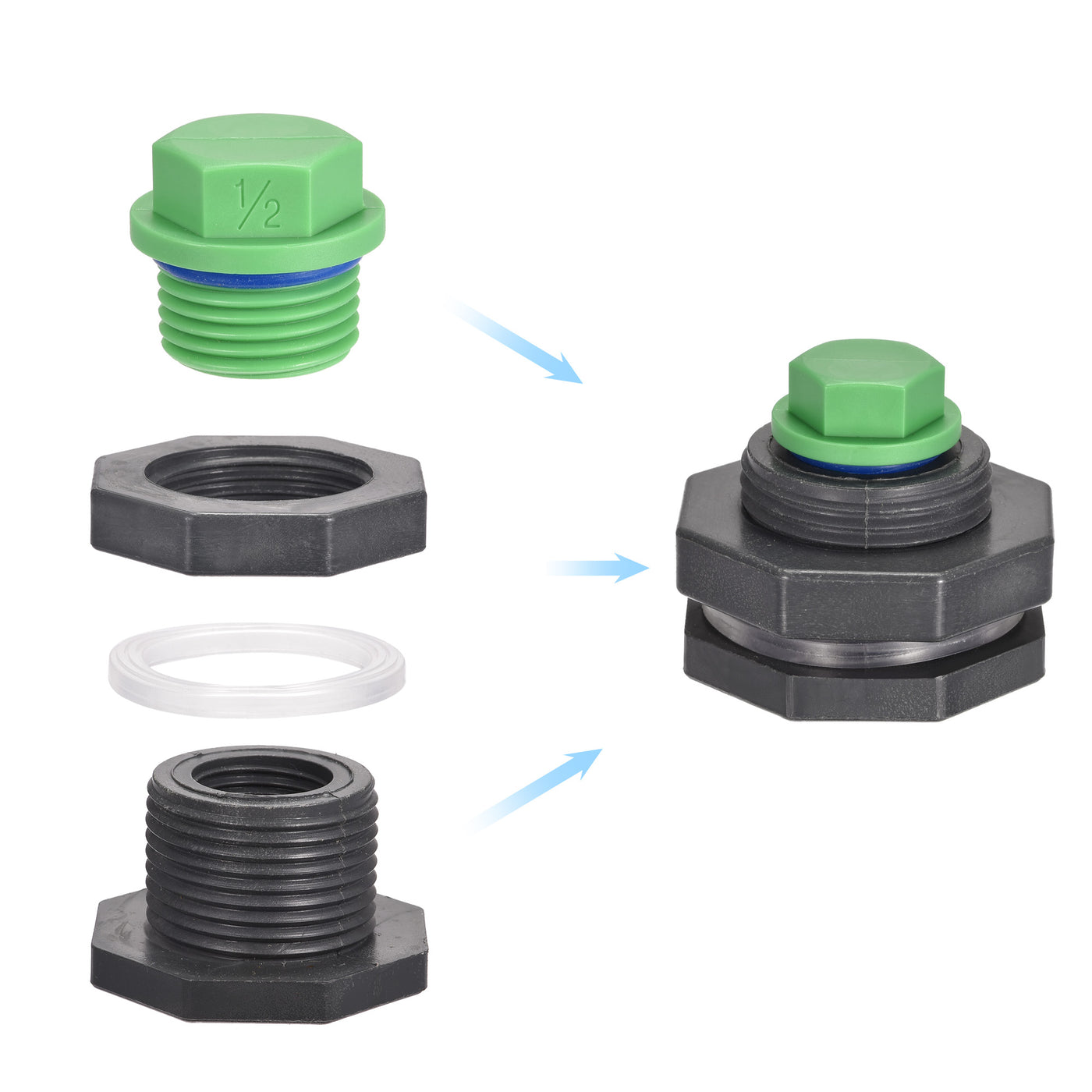 Uxcell PVC Bulkhead Tank Adapter with Green Plug Fitting G1/2 Thread ...
